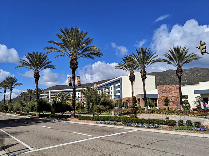 Palm trees standing tall like sentinels guarding the retail paradise beyond &ndash; California shopping at its most picturesque.