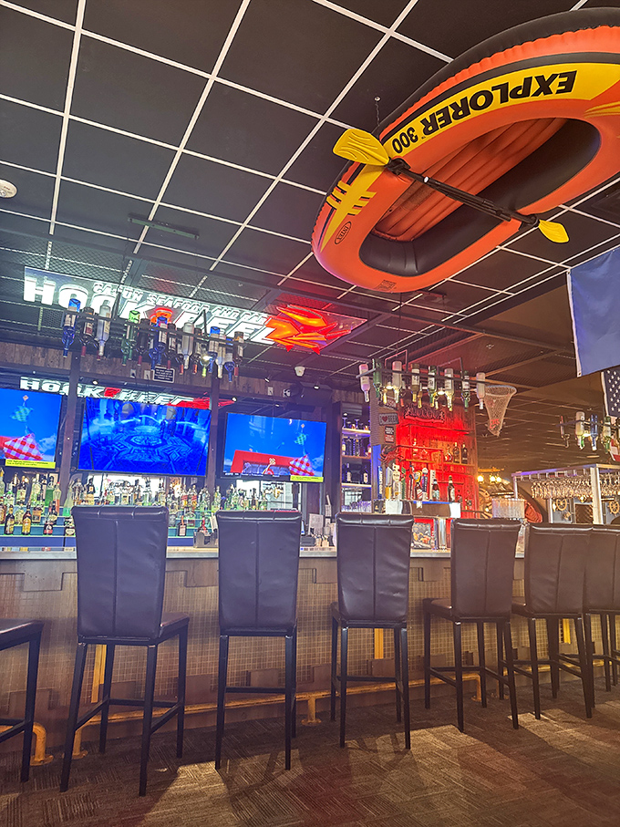 The well-stocked bar promises libations that complement the spicy offerings. That inflatable raft on the ceiling? Just in case the flavor floods in.