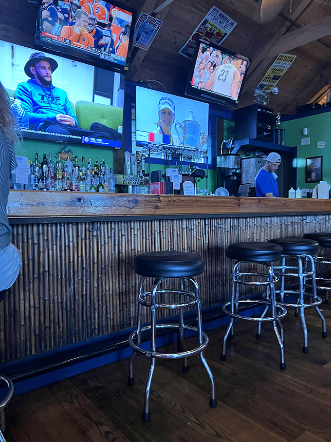 The bar where strangers become friends over shared love of seafood and sports. Those bamboo accents add just the right touch of coastal charm.