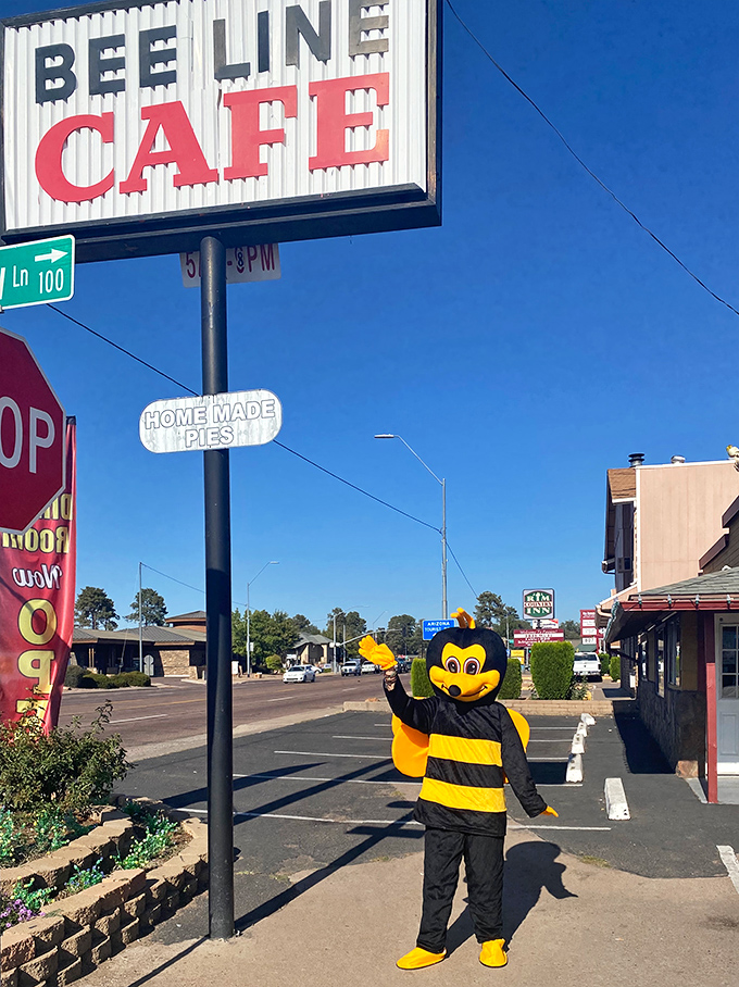 Even the mascot knows – Beeline Cafe's homemade pies are worth doing a happy dance about! A sweet landmark on Highway 87.