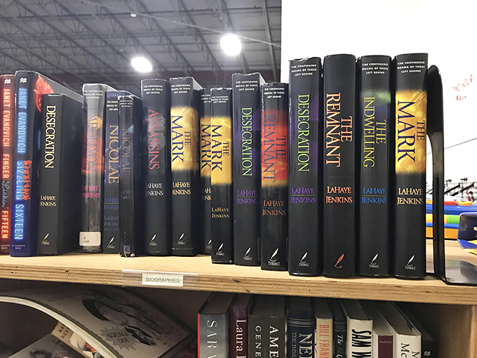 The Left Behind series stands at attention, ready for a new reader. The book section offers everything from bestsellers to obscure treasures.