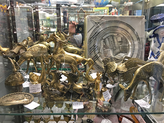 A menagerie of brass animals gallops across the display case, each sculpture frozen mid-motion yet somehow more alive than most modern decor.