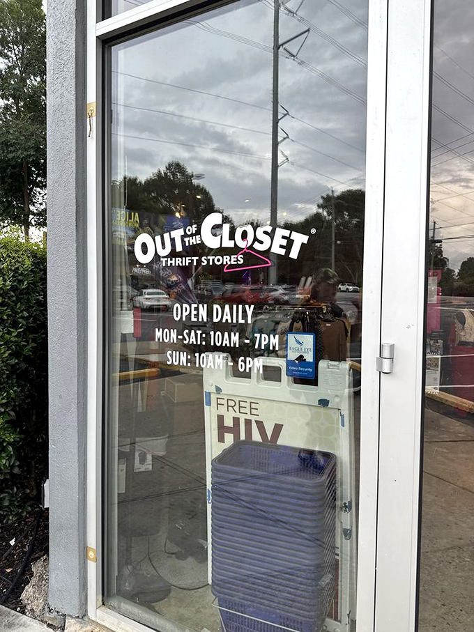 The storefront window reveals not just business hours but the store's mission – combining retail therapy with community health services.