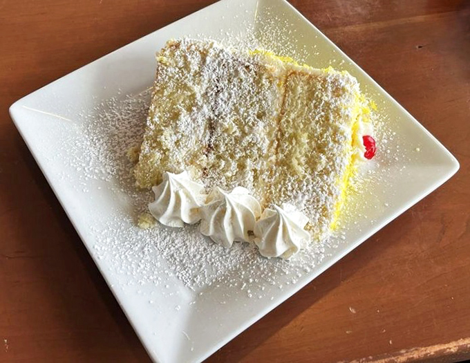 Cake so light it might float off your plate if not anchored by whipped cream. The powdered sugar dusting is like edible confetti celebrating your excellent choice.