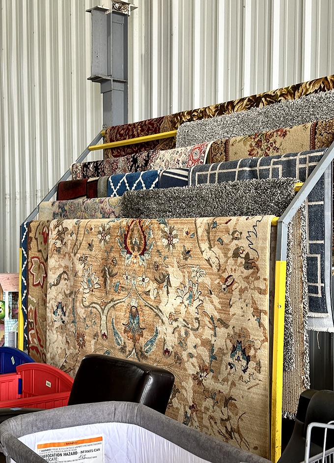 Carpet display that would make Aladdin jealous. These aren't just floor coverings &ndash; they're previous lives rolled up and waiting for new stories.
