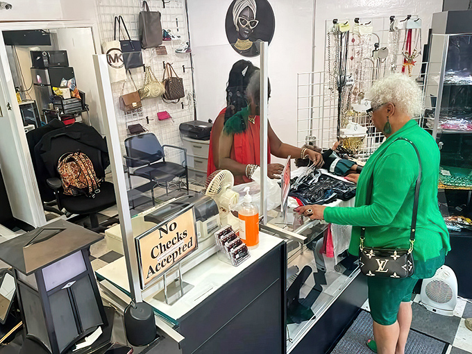 The checkout area &ndash; the final frontier between discovery and ownership. That "No Checks Accepted" sign is a time capsule itself.