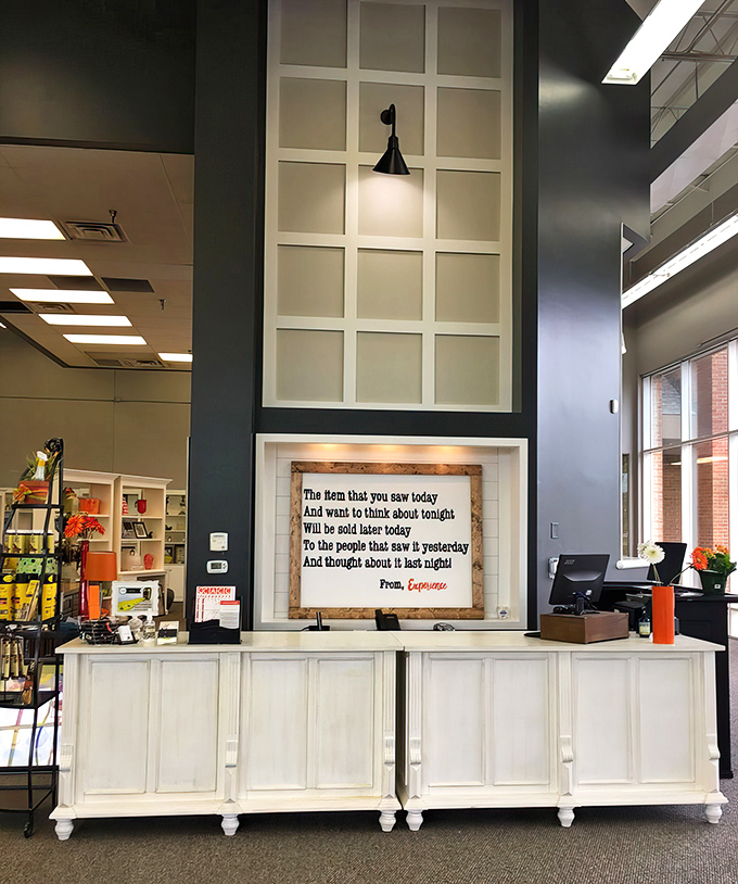 The sign says it all: hesitation leads to heartbreak in the consignment world. Shop now or forever hold your decorating peace.