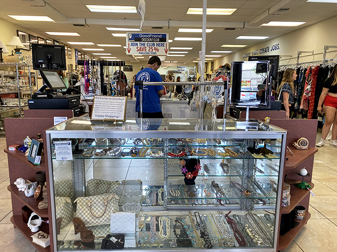 Where the magic concludes: the checkout counter. That jewelry case holds the glittering finale to many a successful treasure hunt.