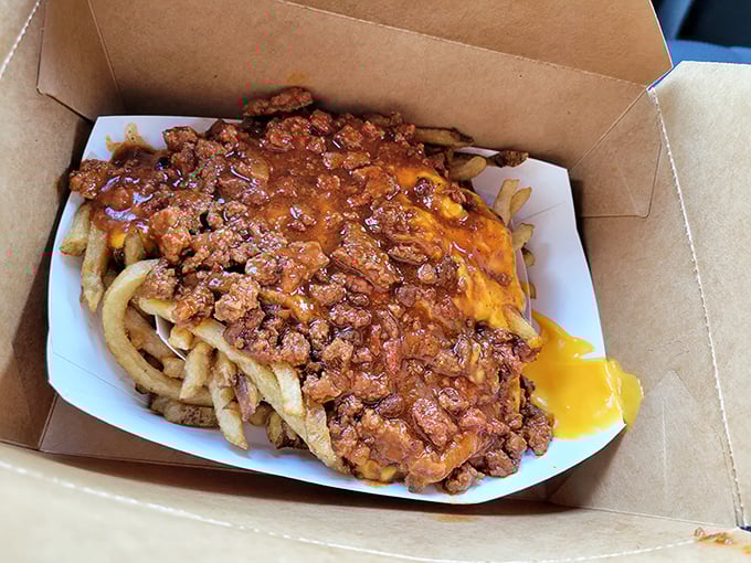 Chili cheese fries that laugh in the face of diet culture. The cheese-to-chili ratio here deserves a mathematical theorem named after it.