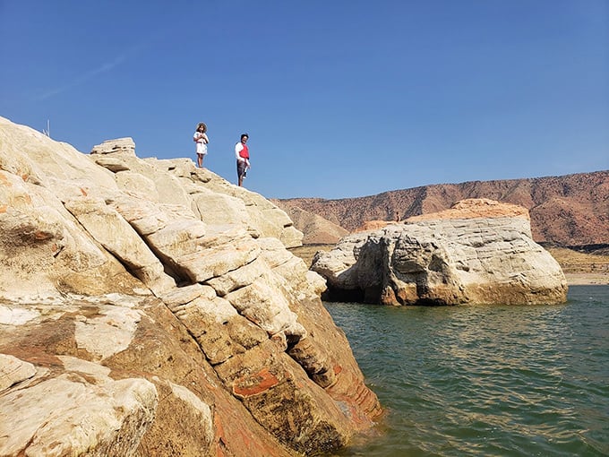 Daredevil diving board or peaceful overlook? These red rock formations invite both contemplation and adventure at Gunlock's crystal waters.