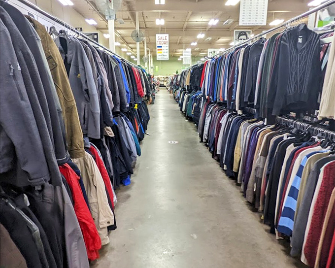 The men's clothing section stretches to the horizon like a fabric sea. Somewhere in this ocean of options is your next favorite jacket.