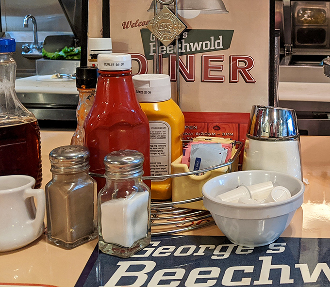 Condiment station organization that would make a librarian proud &ndash; everything has its place in this breakfast universe.