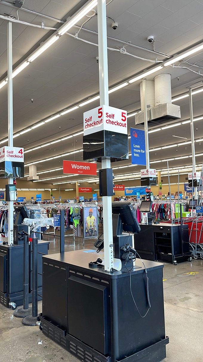 Efficient self-checkout stations keep the treasure hunt moving, because time saved here means more time for continued bargain exploration.