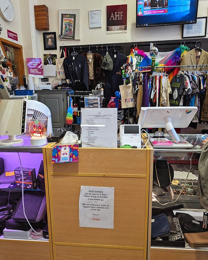 The checkout counter, where treasures are tallied and the AIDS Healthcare Foundation's mission continues with every purchase.