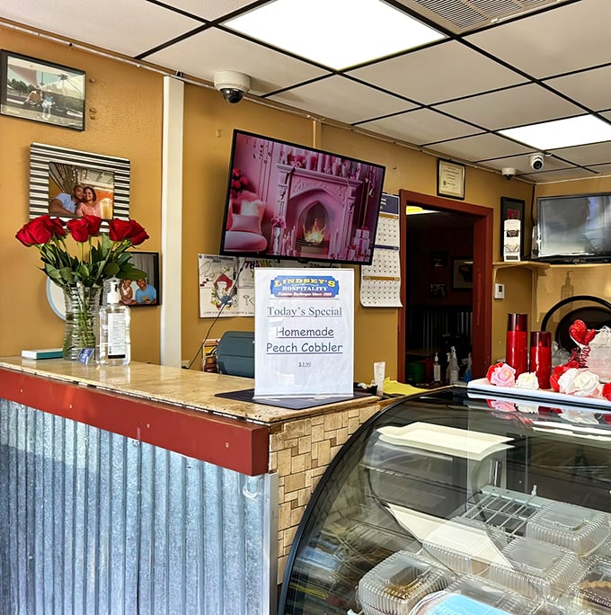 At the counter, fresh flowers and homemade peach cobbler specials remind you that hospitality isn't just in the name&mdash;it's in every detail.