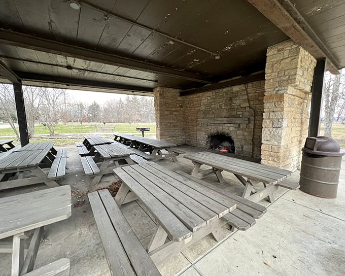 This rustic shelter has hosted countless family gatherings, each picnic table holding stories of celebrations, reunions, and that one aunt's legendary potato salad.