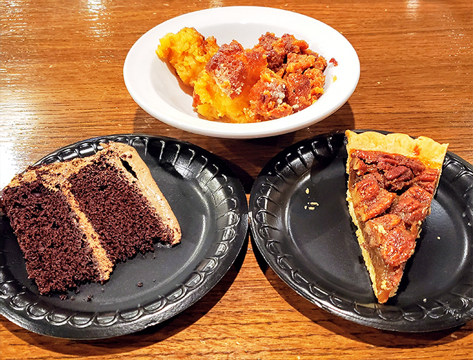 The dessert trifecta &ndash; chocolate cake, pecan pie, and something fruity and bubbling. The reason pants have elastic waistbands.