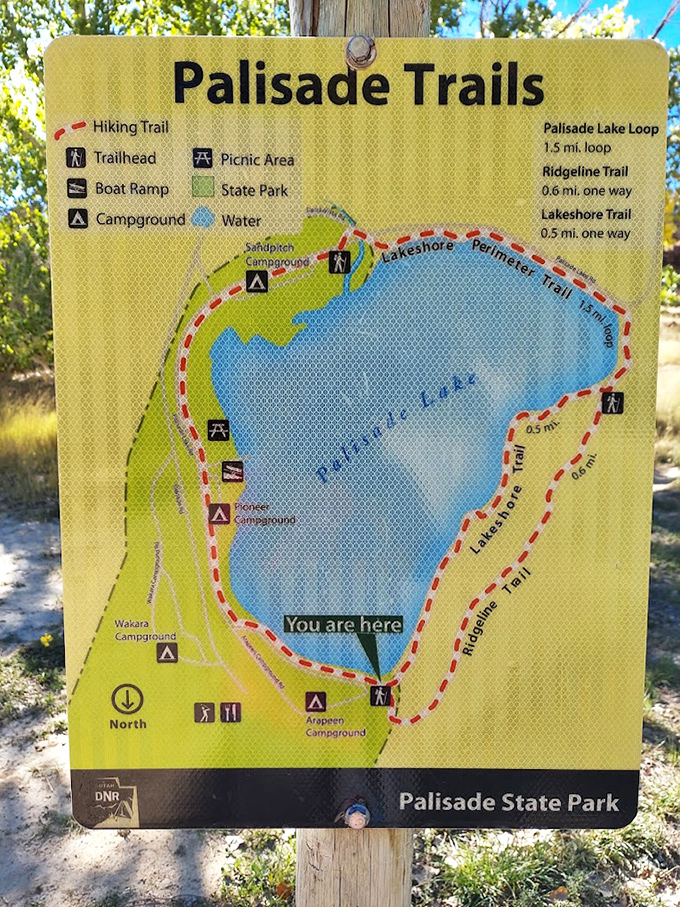 The trail map that promises manageable hikes with spectacular payoffs. That 1.5-mile loop around the lake is calling your name.