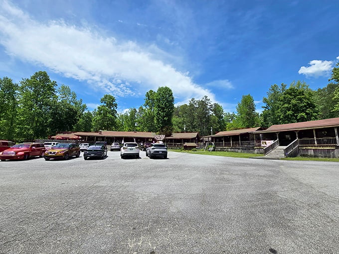 The full view of Aunt Sue's &ndash; where cars in the parking lot are like breadcrumbs leading hungry travelers to a woodland feast.