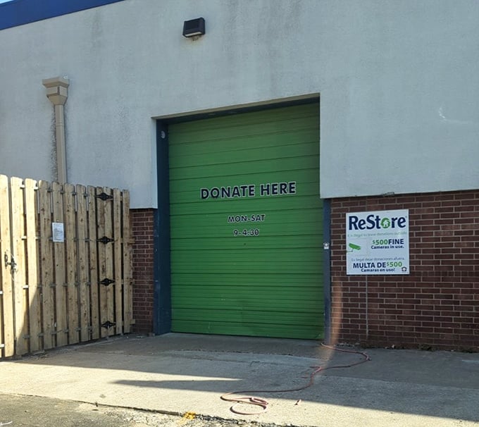 The green donation door welcomes your castoffs with open arms. Yesterday's remodel leftovers become tomorrow's affordable home improvement materials.