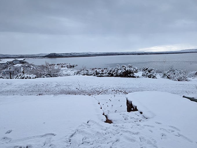 Winter transforms Elephant Butte into a snow-dusted wonderland. The rare combination of snow and lake creates a seasonal plot twist in this desert narrative.