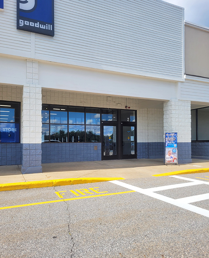 The entrance to treasure town—where every push of these doors might lead to the vintage find or practical necessity of your dreams.