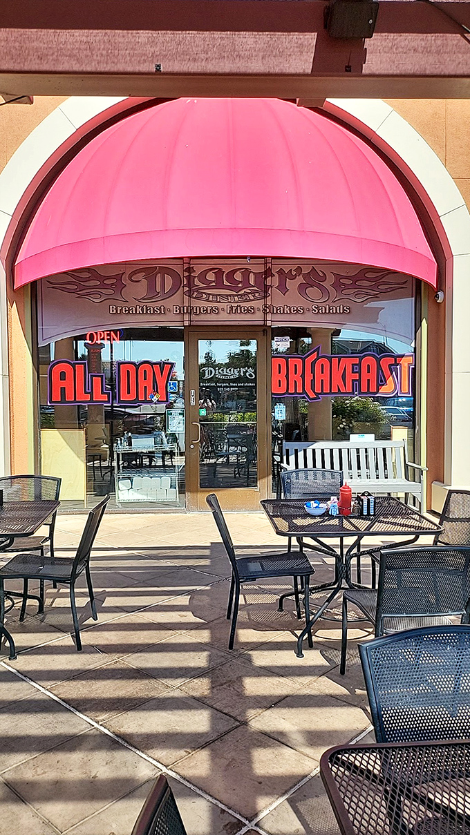 The entrance says it all: "OPEN" and "ALL DAY BREAKFAST" are the only two phrases needed to communicate breakfast perfection to a hungry world.