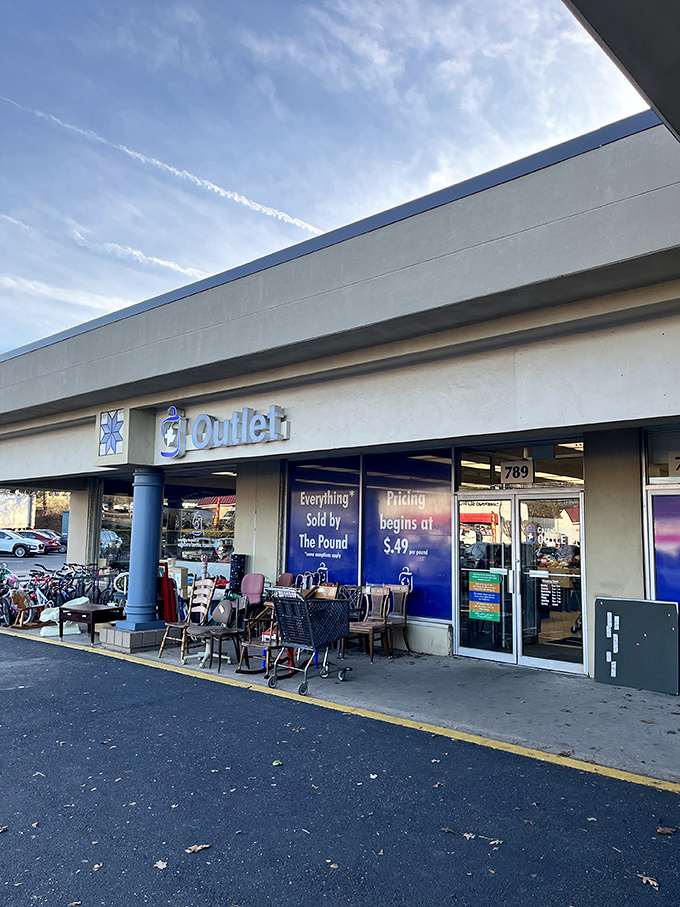 The Outlet Store entrance &ndash; where even the already-thrifty prices take another tumble. The final boss level of bargain hunting awaits within.