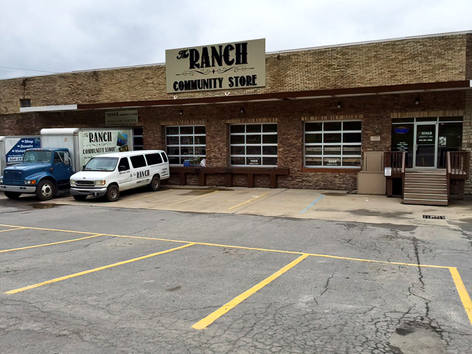 The Ranch Community Store welcomes you with its no-nonsense brick exterior. Behind those garage doors lie adventures in affordable antiquing.