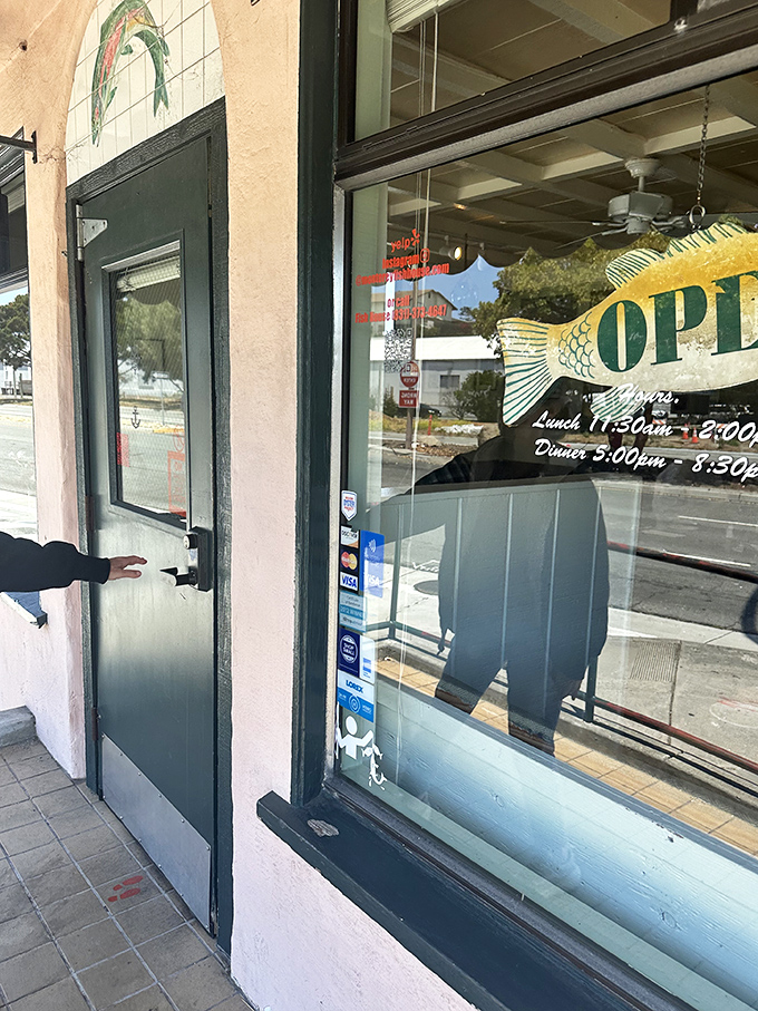 The entrance&mdash;where that simple fish tile above the door might as well be a secret handshake for those in-the-know about Monterey's best-kept seafood secret.