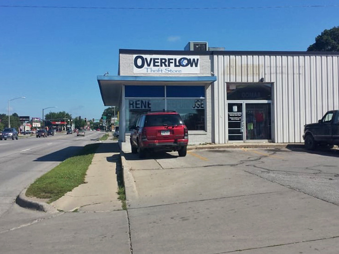 The welcoming entrance to Overflow &ndash; where the name perfectly captures what happens when Iowa's generous hearts donate their gently-used treasures.