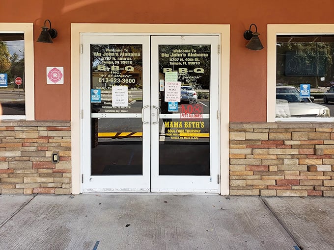 These doors have welcomed BBQ pilgrims for over five decades. Behind them lies a temple of smoke, spice, and Southern hospitality.
