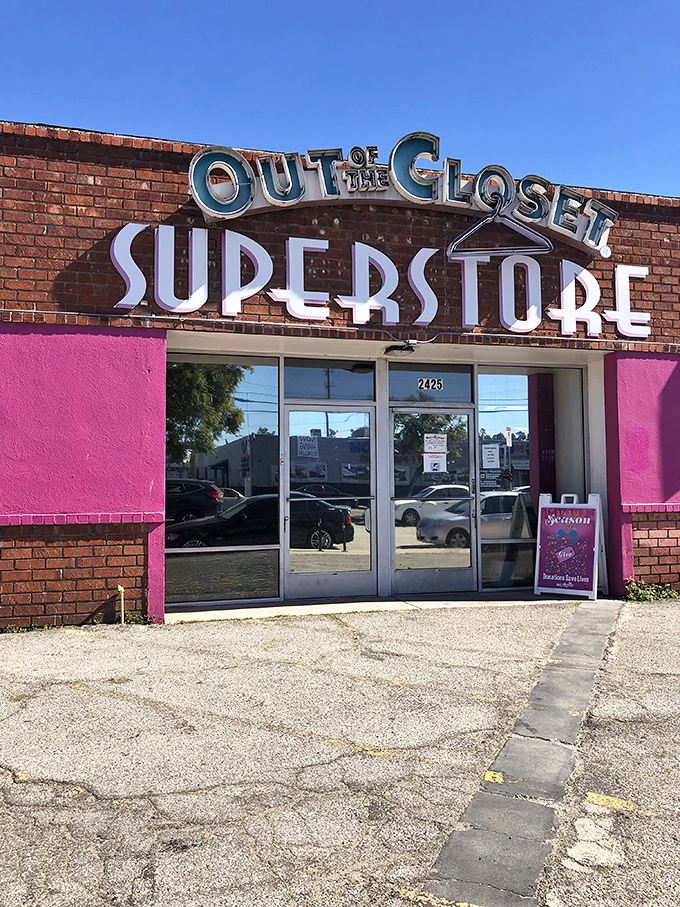 The iconic pink-accented facade and retro "SUPERSTORE" sign announce that this isn't just thrifting – it's an experience worth traveling for.