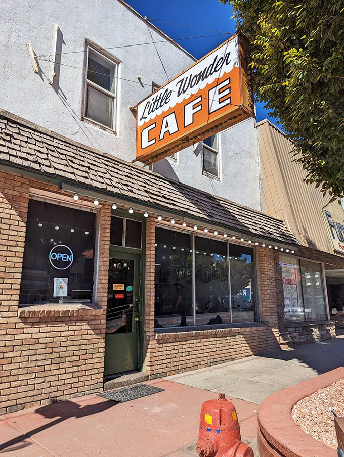Sunlight bathes the entrance in golden warmth, while the neon "OPEN" sign delivers the best news you'll hear all day.