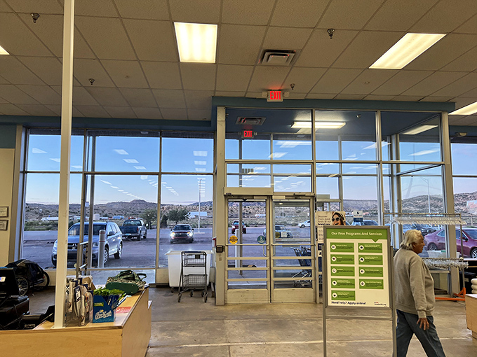 Large windows frame Gallup's beautiful landscape, reminding shoppers of the natural treasures beyond the bargain hunt.