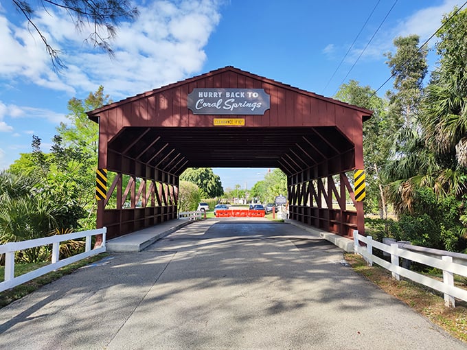 The "Hurry Back to Coral Springs" sign bids a friendly farewell, turning even a simple exit into a charming invitation to return.