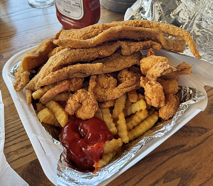 A fried seafood platter that looks like it could feed a small village, or one very happy person.