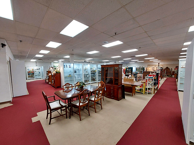 The mall's expansive interior reveals itself like an archaeological dig through America's material culture, red carpet and all.