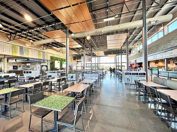 The food court's industrial-chic design offers a moment of respite for weary shoppers to refuel before the next round of retail adventures.