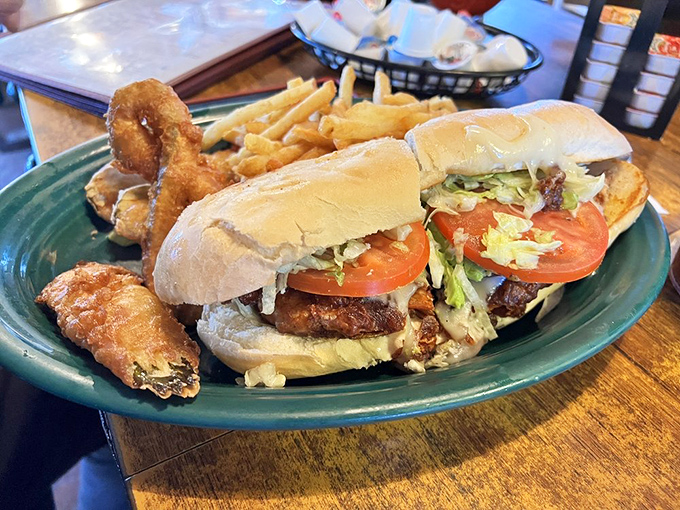 A fried chicken sandwich that's dressed to impress, with crispy golden coating and fresh veggies that add just enough virtue to justify the indulgence.