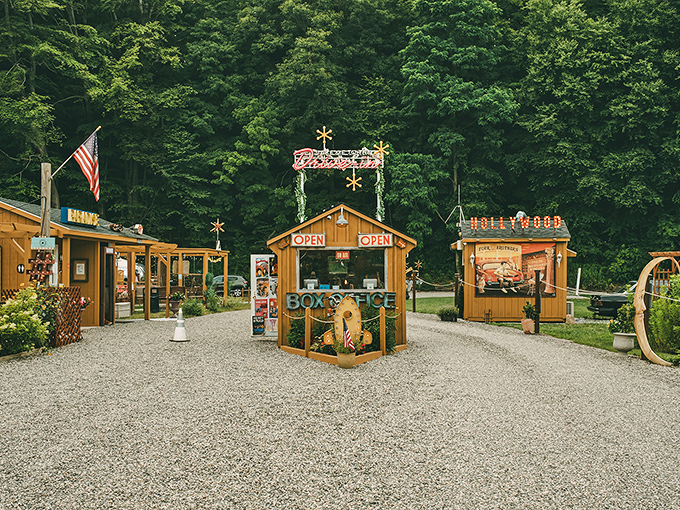 Movie night headquarters: where tickets are purchased, snacks are selected, and evening adventures begin under the watchful trees.