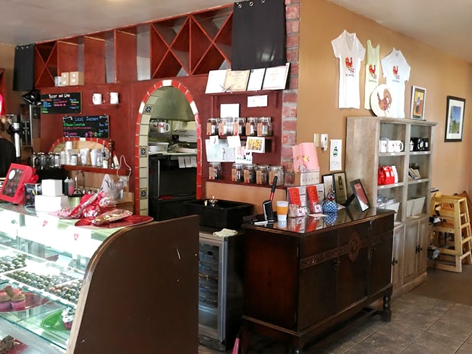 The counter area doubles as a mini-market of delights. Those rooster-emblazoned t-shirts on the wall say, "Yes, I've been to the place you keep hearing about."