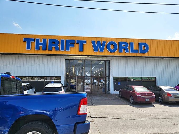 The bright blue truck seems perfectly color-coordinated with Thrift World's signage&mdash;as if the thrifting gods themselves arranged this parking lot tableau. 