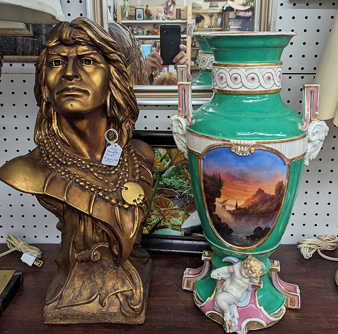 That bronze bust and ornate vase pairing is the definition of "one person's treasure." Someone's going home with a very interesting mantelpiece.