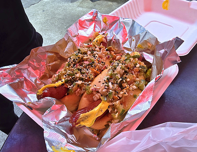 Not just any hot dog&mdash;a Korean-inspired creation that makes you wonder why all hot dogs don't dress this way. Fusion food that actually makes sense.