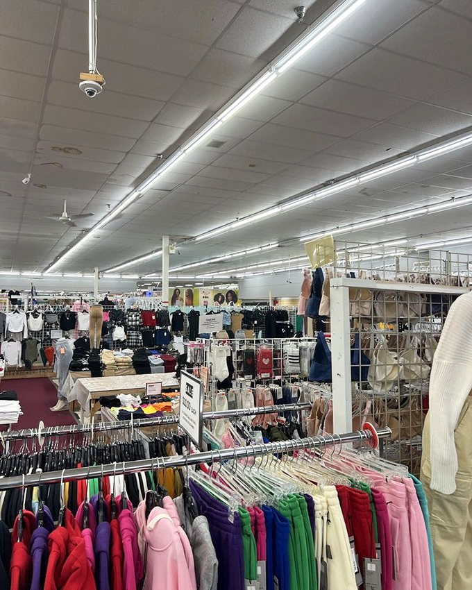 Racks of colorful clothing create a textile rainbow. In this sea of secondhand fashion, patience reveals designer gems at thrift store prices.