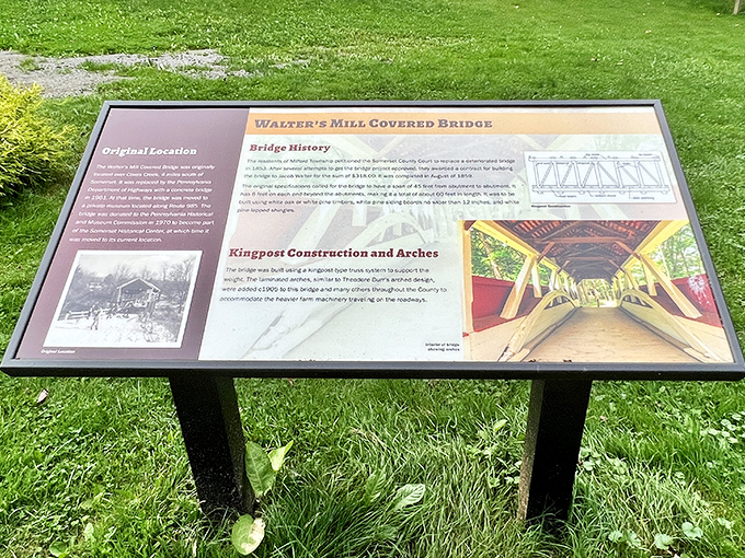 The information board shares the bridge's history for those who appreciate context with their charming rural architectural experiences.