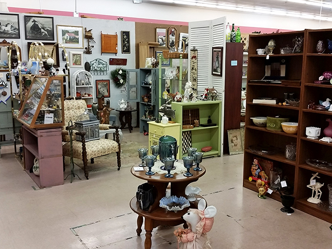 Each booth creates its own little world &ndash; pastel cabinets, vintage glassware, and carefully arranged vignettes that tell stories of American domestic life through the decades.