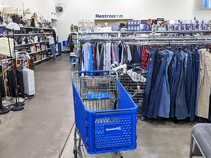 The blue shopping cart stands ready for adventure, surrounded by denim possibilities and the promise of unexpected discoveries around every corner.