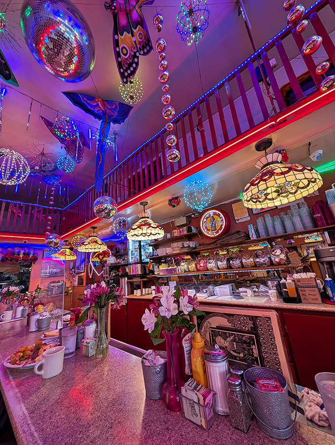 The counter view&mdash;where coffee mugs steam, condiments stand at attention, and Tiffany lamps cast a warm glow over your impending food coma. 